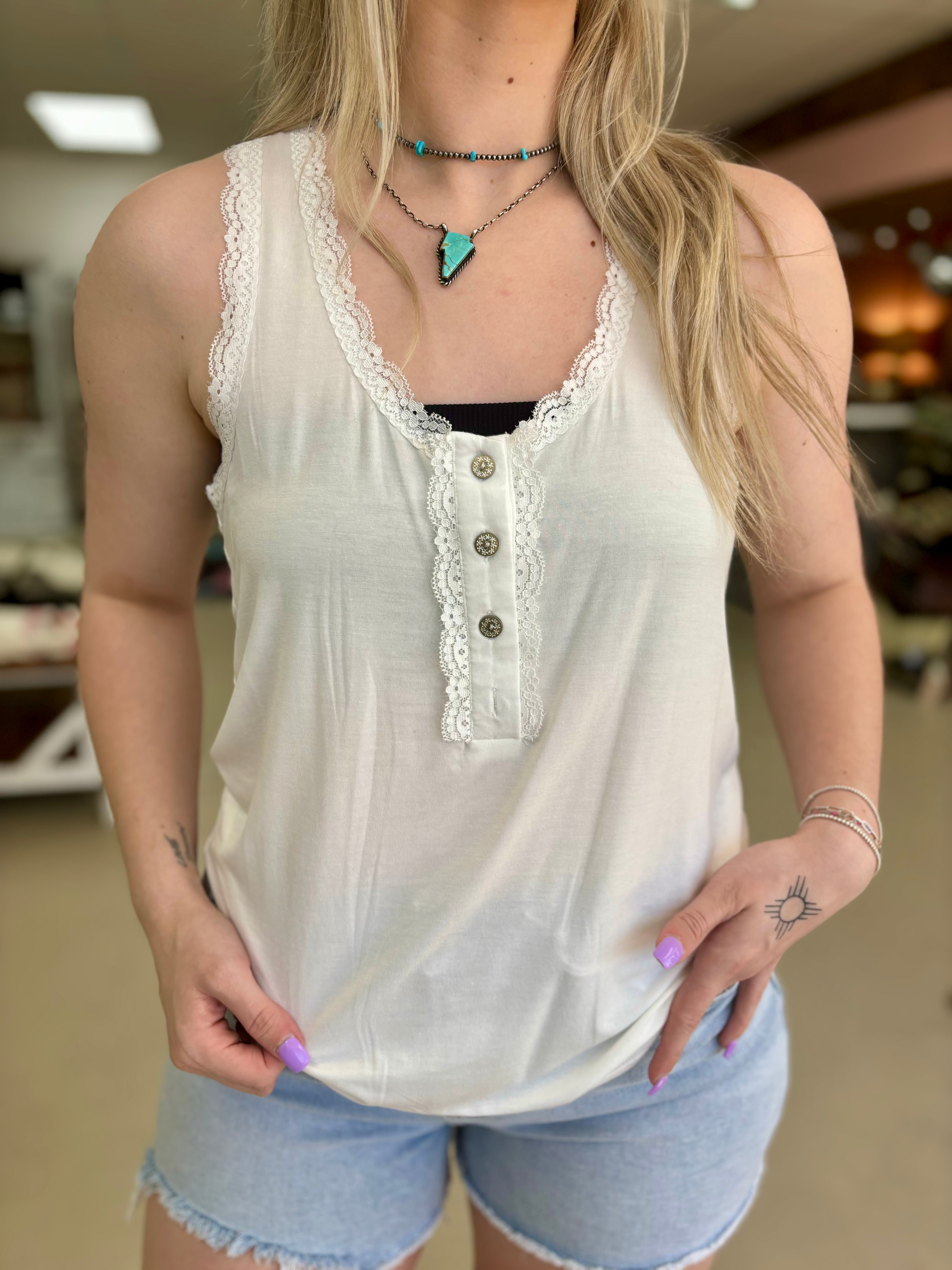 White Lace Racerback Tank – Buckin’ Bluebonnets